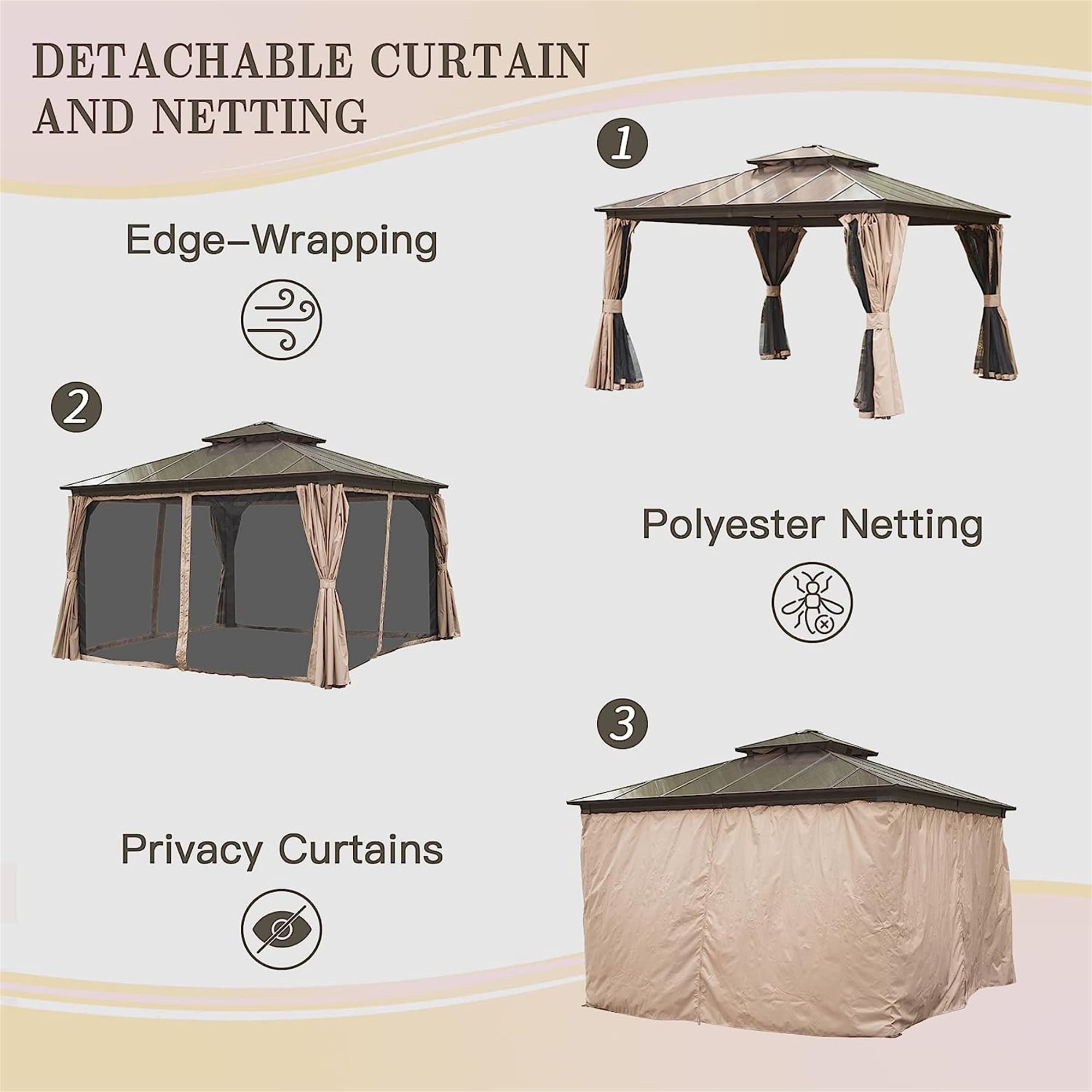 RITSU 12'x12' Gazebo, Hardtop Permanent Outdoor Gazebo with Polycarbonate Double Roof, Aluminum Canopy Pavilion with Curtain and Net for Garden, Patio, Lawns, Deck, Backyard, Brown