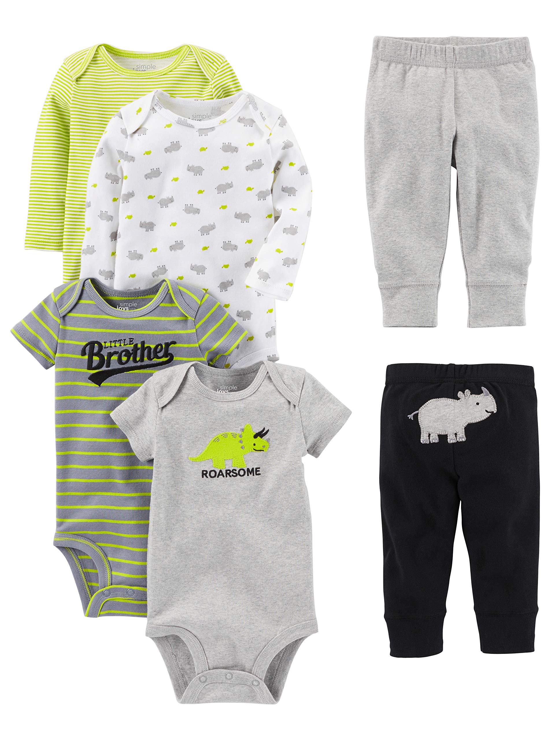 Simple Joys by Carter's Baby Boys' 6-Piece Bodysuits (Short and Long Sleeve) and Pants Set, Multicolor/Dinosaur/Rhino/Stripe/Text Print, 18 Months