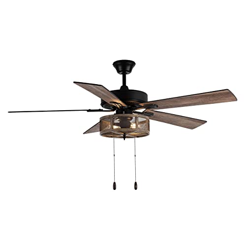 RIVER OF GOODS 52 Inch LED Modern Farmhouse Ceiling Fan with Light - Rustic Ceiling Fans with Lights - Elegant Industrial Fan with Mesh Metal Caged Shade - Brown