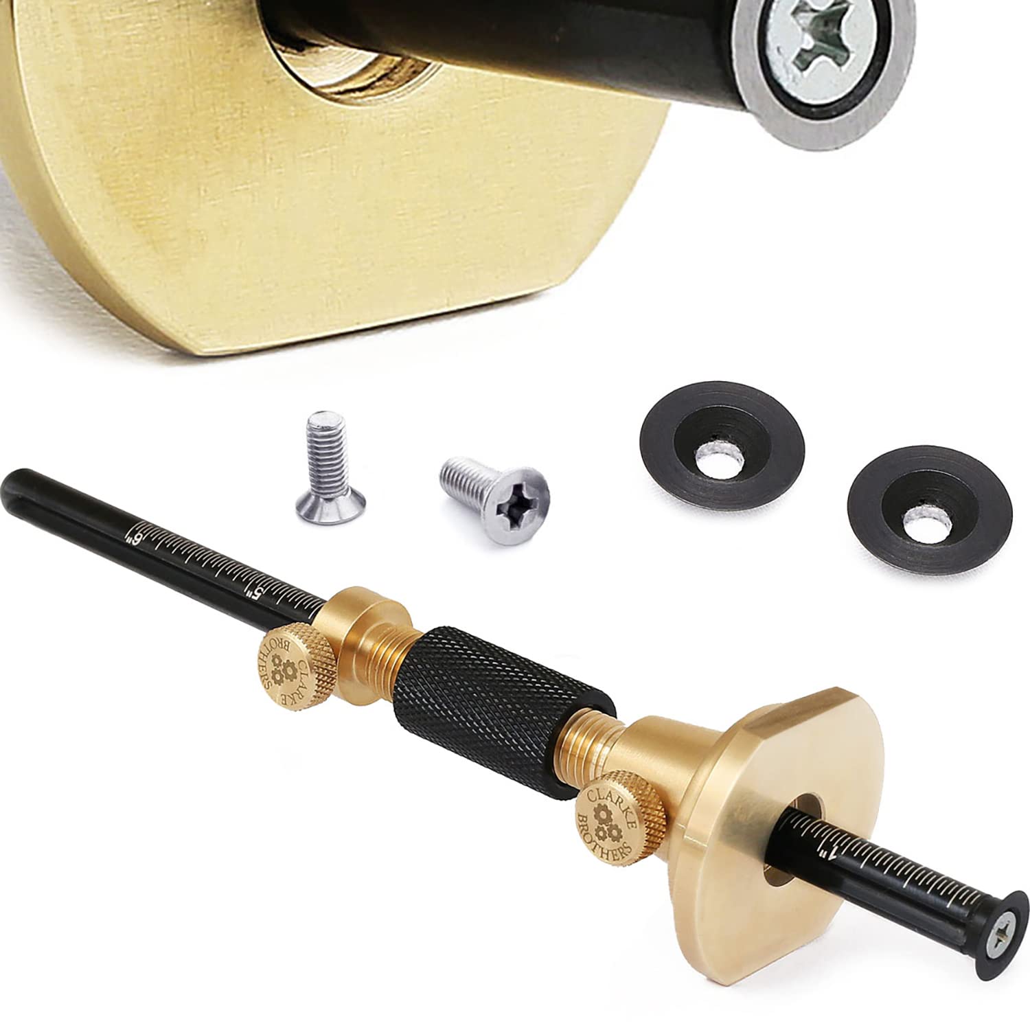 Wheel Marking Gauge Kit - 2 Extra Cutter Wheels, Roll Stop Head, Micro Adjuster, Metric Imperial Ruler, 7'' Brass Marker Tool for Woodwork