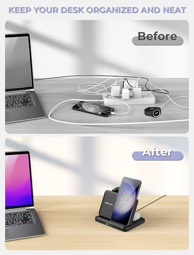 Wireless Charging Station for Samsung and Android, 3 in 1 Foldable Wireless Charger Fast Charger Stand for Galaxy S24/S23/S22/S21/S20 Z Fold 5/4/3 Z Flip 5/4/3, Note20 Ultra, Watch 6/5/Pro/4/3, Buds