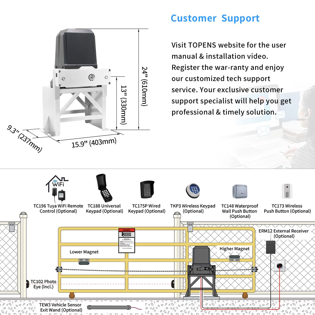 TOPENS CK2600 Automatic Sliding Gate Opener Chain Drive Industrial Commercial 1-1/4 HP Gate Motor for Heavy Driveway Slide Gates Up to 5700 Pounds, AC Powered with 20ft Roller Chain and Remote Control