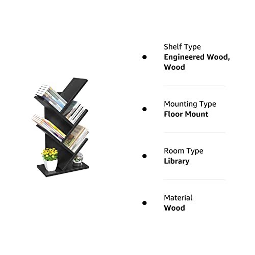 Topfurny Tree Bookshelf, 4-Tier Book Storage Organizer Shelves Floor Standing Bookcase, Wood Storage Rack for Office Home School Shelf Display for Cd/Magazine/Book -Black