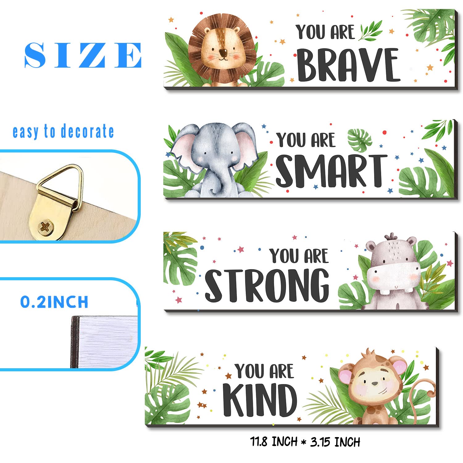 UBLURO 4 Pieces Jungle Animals Wall Art Decors - Motivational Wall Art,Jungle Animals Wooden Hanging Wall Prints Plaques,Jungle Animals Room Decor for Boys Room