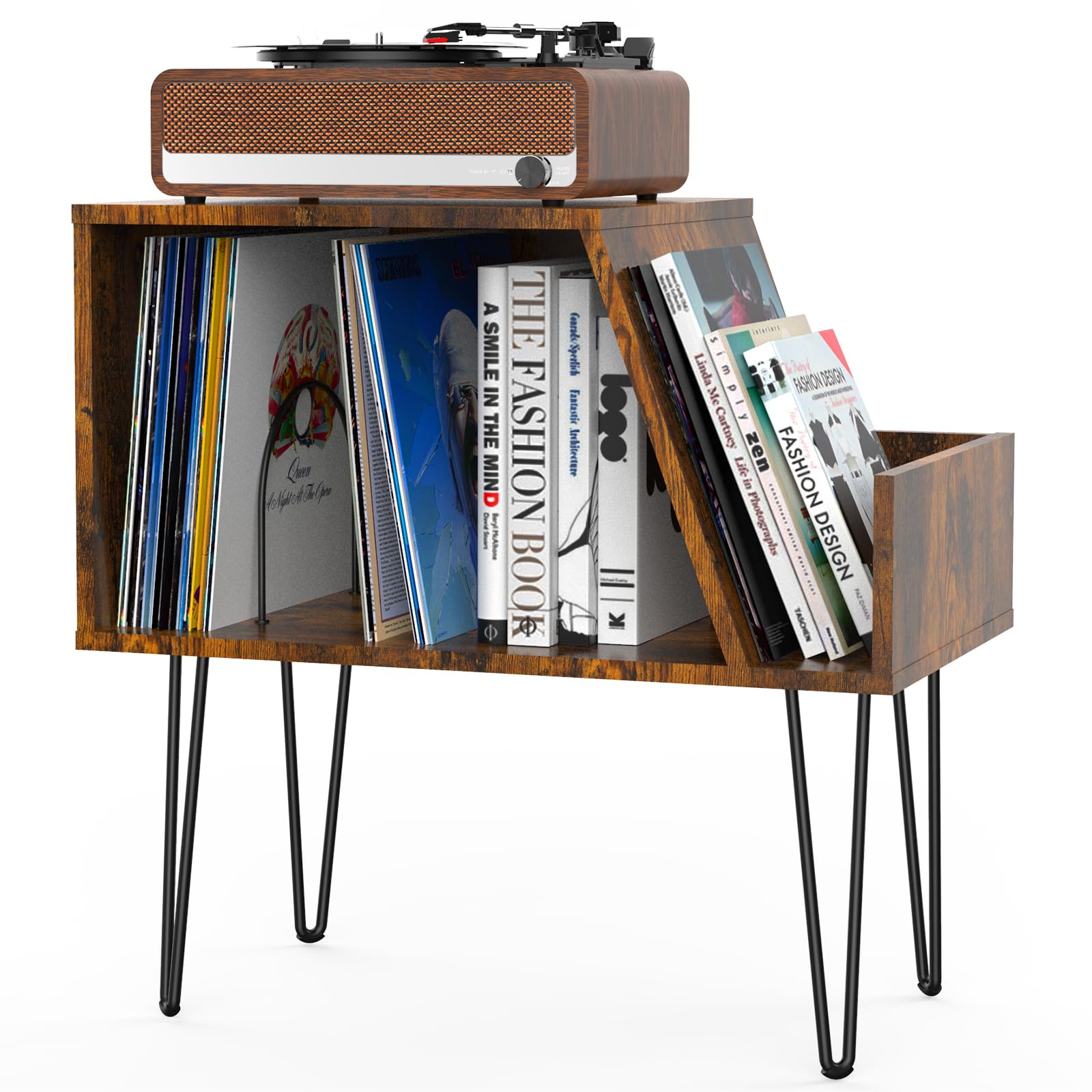 Udreamer Record Player Stand,Vinyl Record Storage Cabinet,Turntable Stand with Multi-Compartment Design,Record Player Stand with Vinyl Storage Holds Up to 100 Albums (Red Brown)