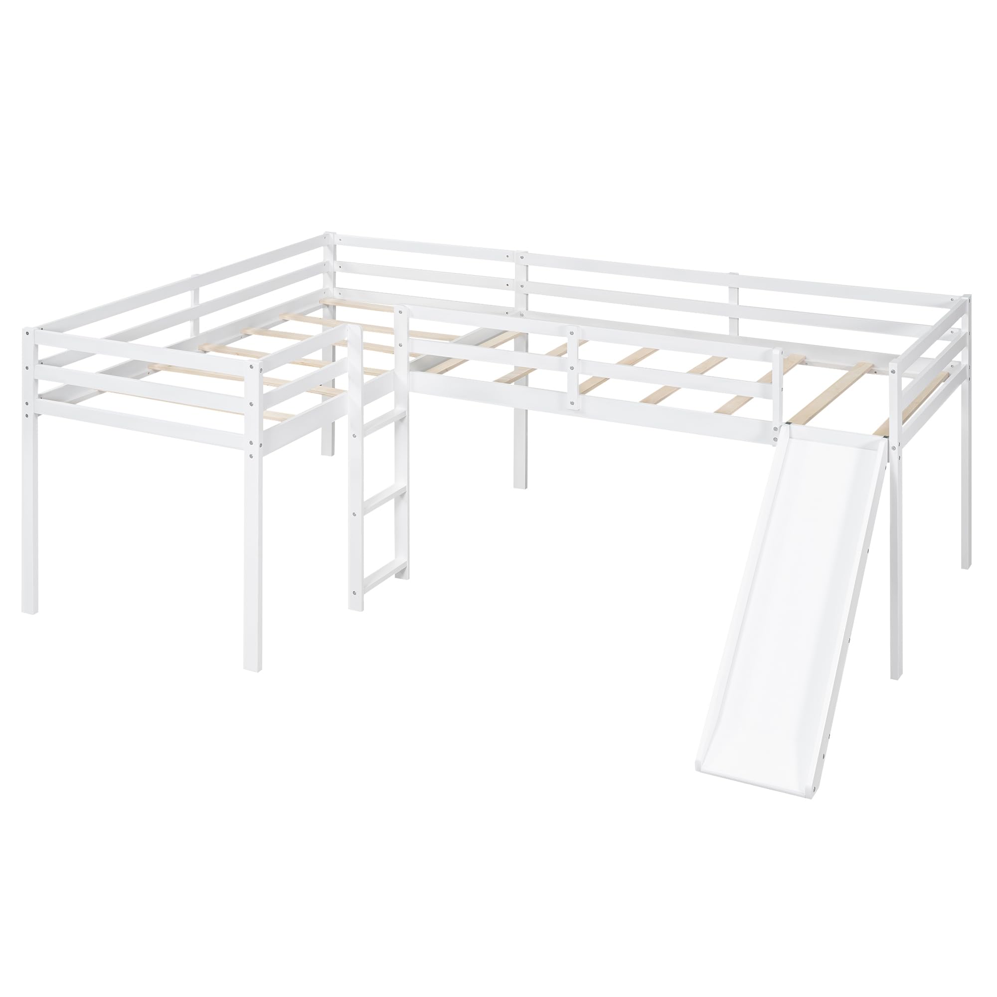 RUNWON Twin Size L-Shaped Loft Bed with Ladder and Slide for 2 Kids Teens Bedroom,No Box Spring Needed