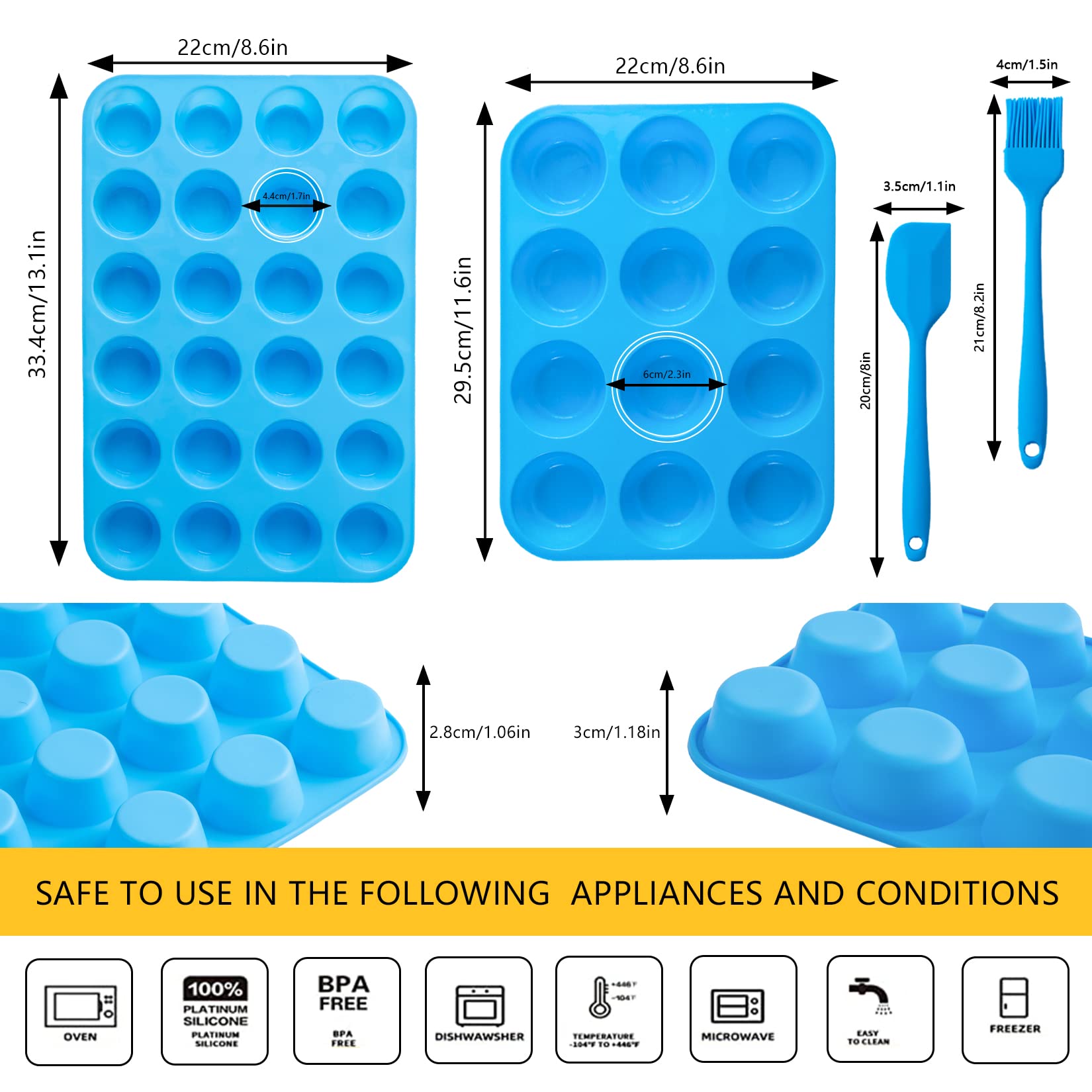 Silicone Muffin Pan, Set of 2 Non-Stick Cupcake Pans 12-Cup & Mini Muffin Pan 24-Cup, with Bonus Silicone Brush and Spatula(Blue)