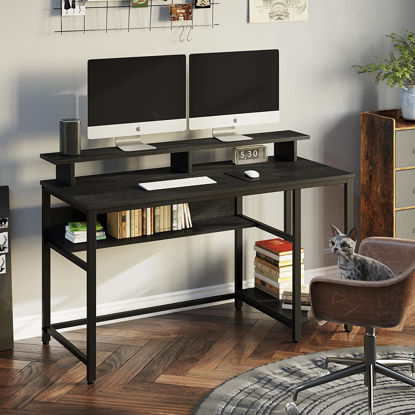 Rolanstar Computer Desk with Monitor Shelf, 55" Home Office Desk, Study Writing Desk, Sturdy Table, Workstation, Stable Metal Frame, Black