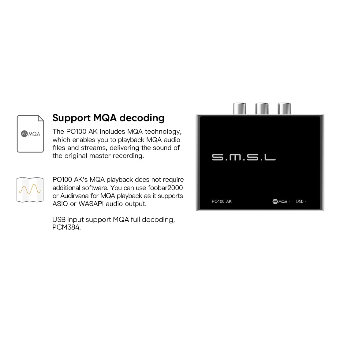 SMSL PO100AK Digital Analog Converters AK4493S XMOS XU316 Type-C USB to RCA/Optical/Coaxial Output 32bit/768kHz HiFi Signal Converters USB Digital Interface MQA Decoding (Black)