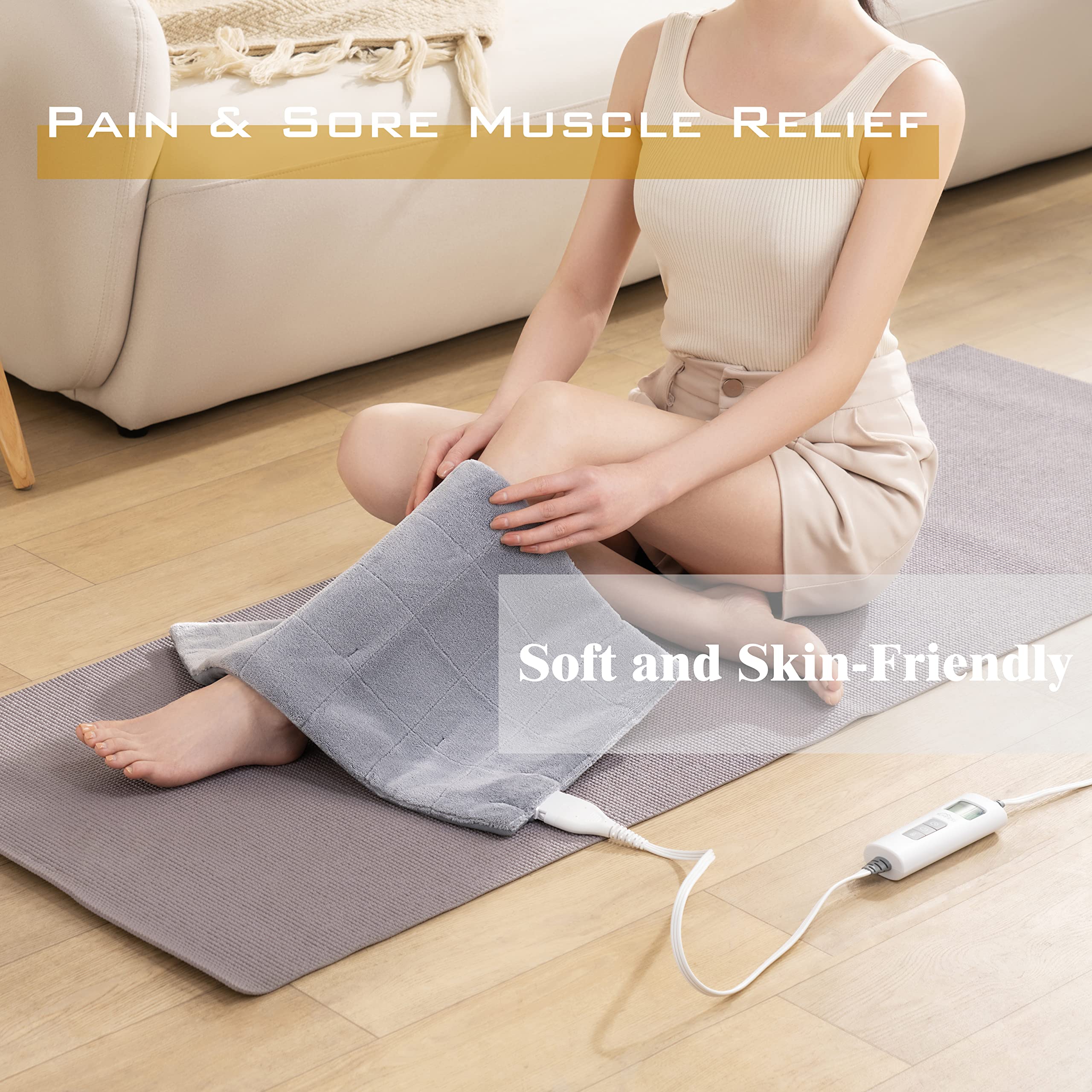 SAFER Electric Heating Pad for Back,Cramps,Neck,Shoulder,Arms,Legs,Abdomen & Knee Pain Relief,Quick-Heat Pad with LCD Control Panel,Auto Shut Off,Machine Washable,12"x24"(Silver Gray )