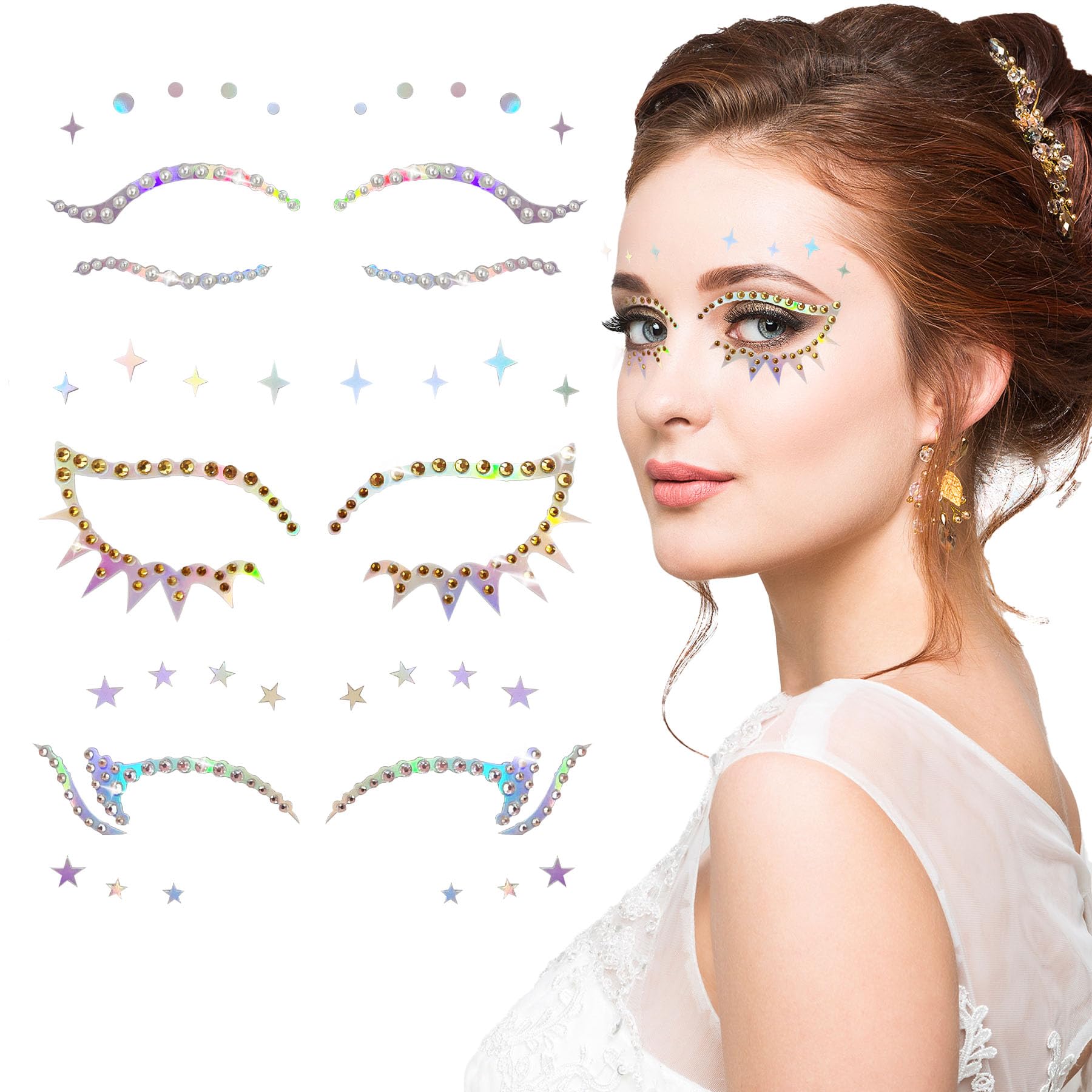 ZZXLLRO 3 Sets Star Face Stickers Jewels, Holographic Face Gems Stick on, Eyeliner Stickers, Pearls Makeup Rhinestones for Women Girls Eye Halloween Cosplay Rave Club Party