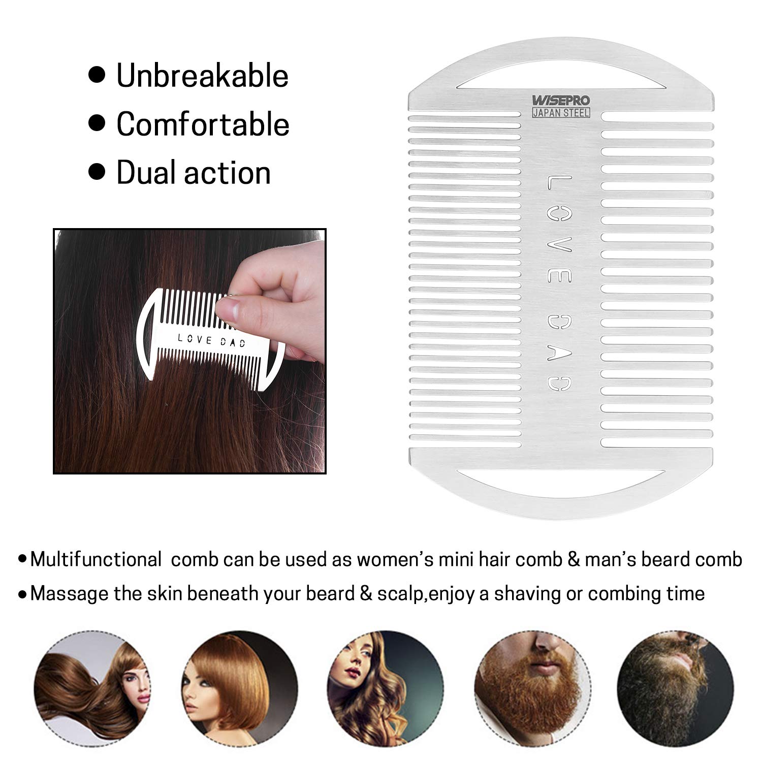 WISEPRO Beard Mustache Comb Fine Toothed Beard Comb Keychain Comb,Suitable For Beard Care Facial Hair Grooming(White Curved Lettering)