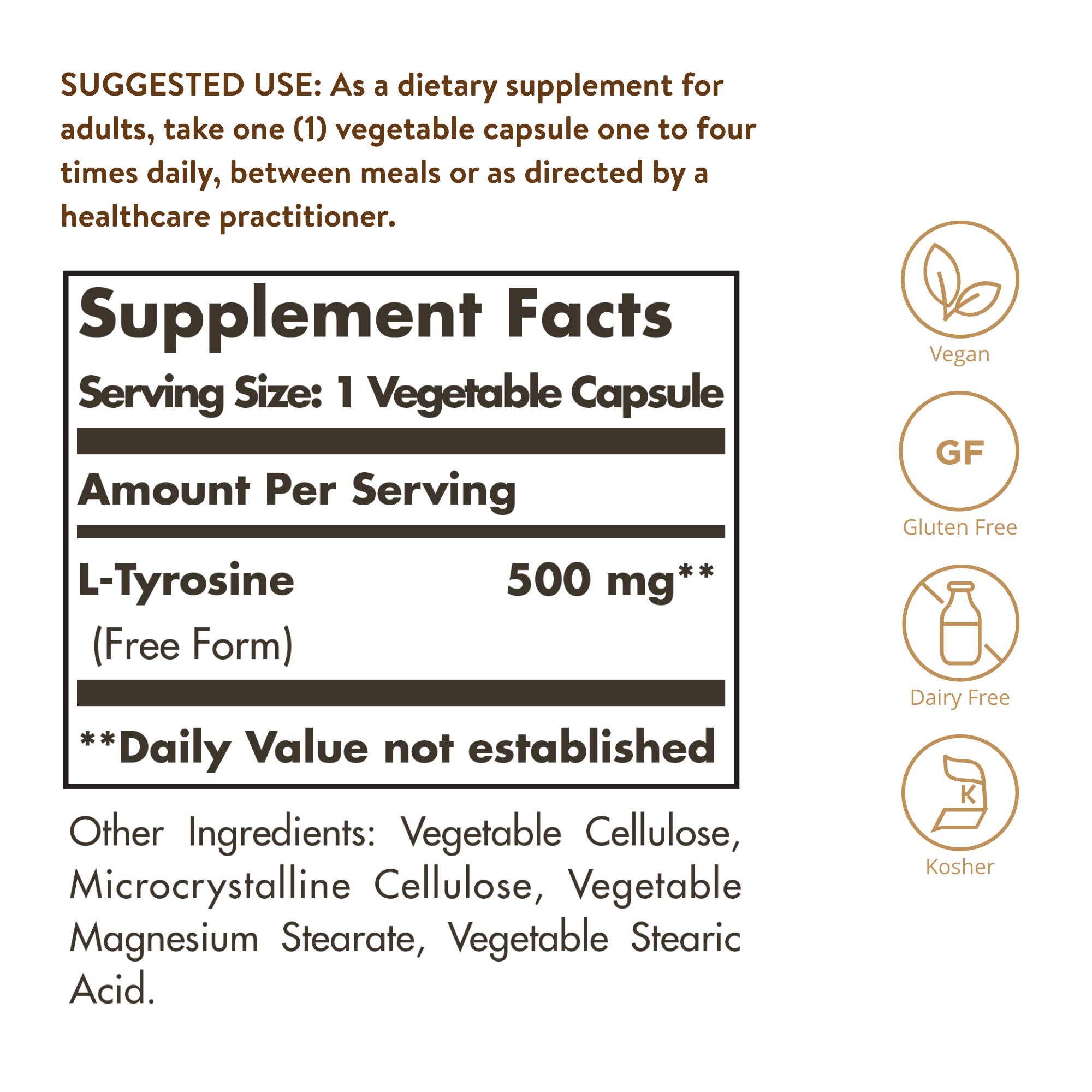 Solgar L-Tyrosine 500 mg, 100 Vegetable Capsules - Brain & Nervous System Support - Vegan, Gluten Free, Dairy Free, Kosher - 100 Servings