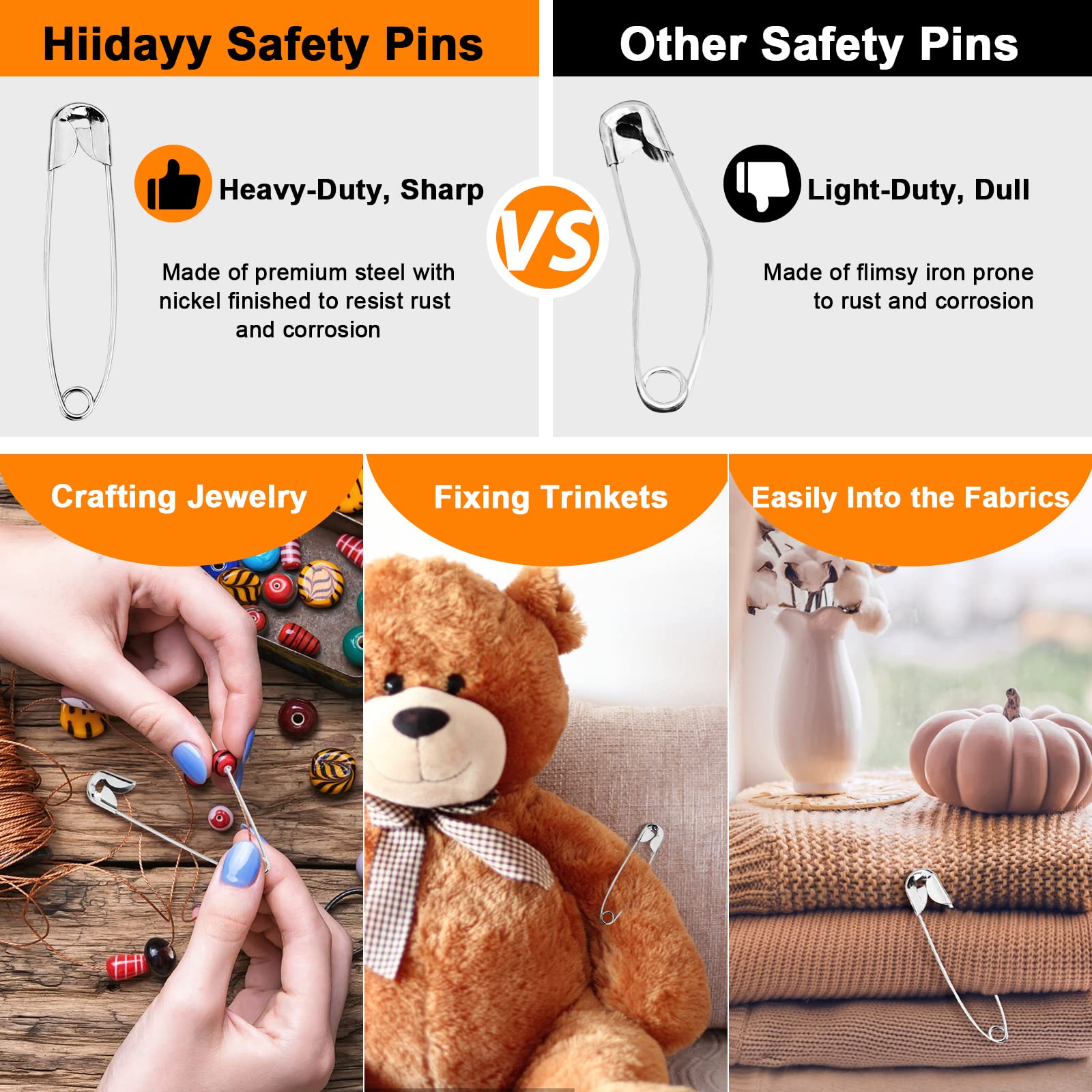 Safety Pins Assorted, Hiidayy 350PCS Nickel Plated Steel Large Safety Pins Heavy Duty, 5 Different Sizes Safety Pin, Safety Pins Bulk (Silver)