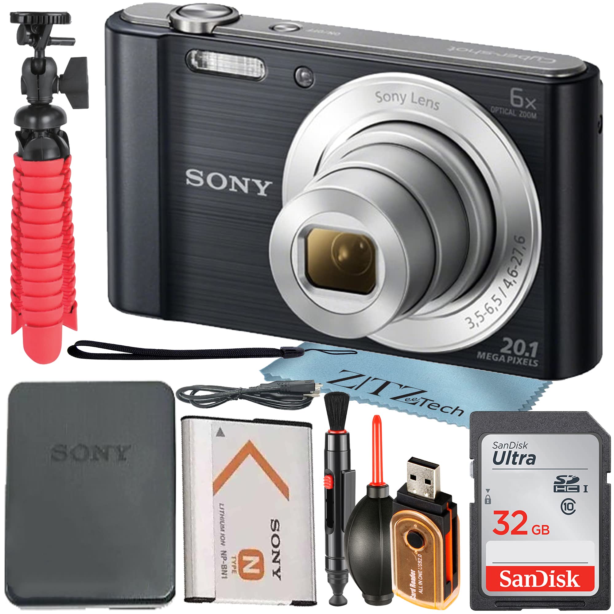 Sony Cyber-Shot DSC-W810 Digital Camera 20.1 MP CCD Sensor with Optical 6X Zoom Lens + SanDisk 32GB Memory Card + Tripod + ZeeTech Accessory Bundle (Black) (Renewed)