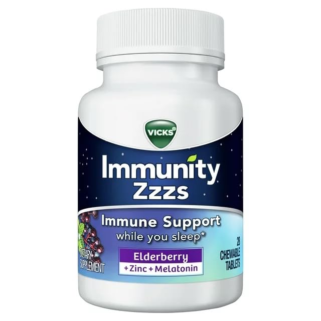 Vicks Immunity ZZZs, Elderberry, Melatonin, and Antioxidant Zinc, Immune Support, Naturally Fall Asleep, 28 Chewable Tablets (chewables, 28)