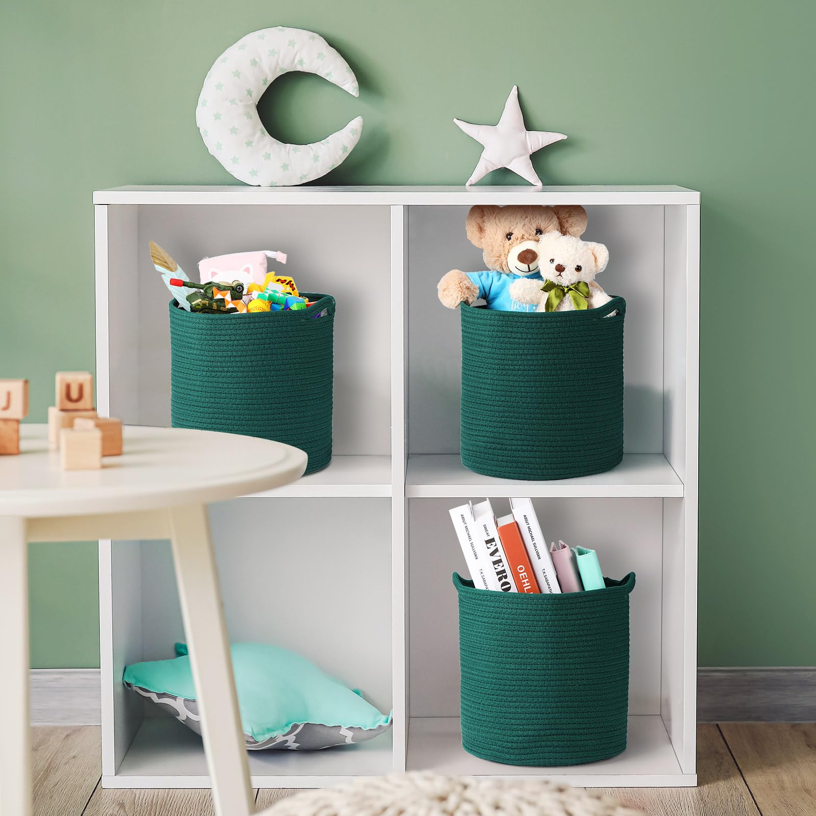 Yaomiao 8 Pcs Woven Basket with Handles Storage Cube Bins Cubby Storage Organizer 11x11x11'' Cube Storage Bins Toy Organization Bulk for Closet Shelf Bookcasestoy Clothes, Round and Green
