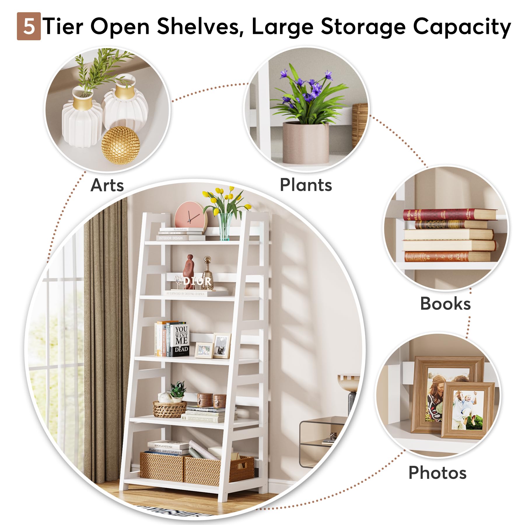 Tribesigns 5-Tier Bookshelf Modern Bookcase, 5 Shelf Ladder Shelf Book Storage Shelf Organizer for Living Room, Home Office (White)