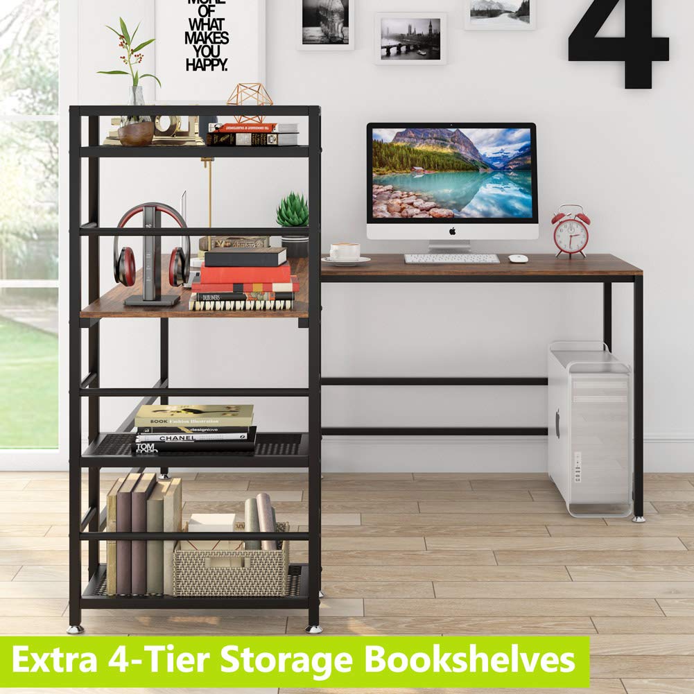 Tribesigns 59 Inch L Shaped Computer Desk, Corner Desk with 4-Tier Storage Shelves, Rustic L-Shaped Desk with Bookshelves for Home Office, Writing Study Workstation PC Gaming Table L Desk (Walnut)