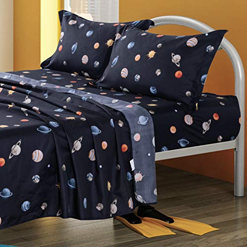 Totoro Planet Printed Full Sheet Set, 4 Piece Bed Sheets with 1 Full Fitted Sheet 1 Flat Sheet 2 Pillowcases, Soft Breathable Bed Sheets for Kids Bed