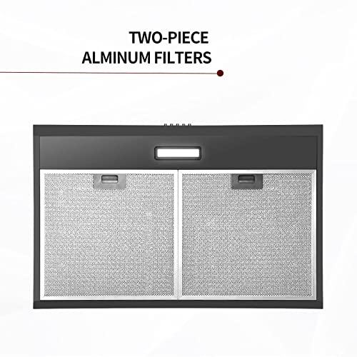 SNDOAS Range Hood 30 inch Under Cabinet with Charcoal Filter,Ductless Range Hood w/ 3 Speed Exhaust Fan,Stainless Steel Black Range Hood w/LED Light,Push Button,Under Cabinet Kitchen Hood