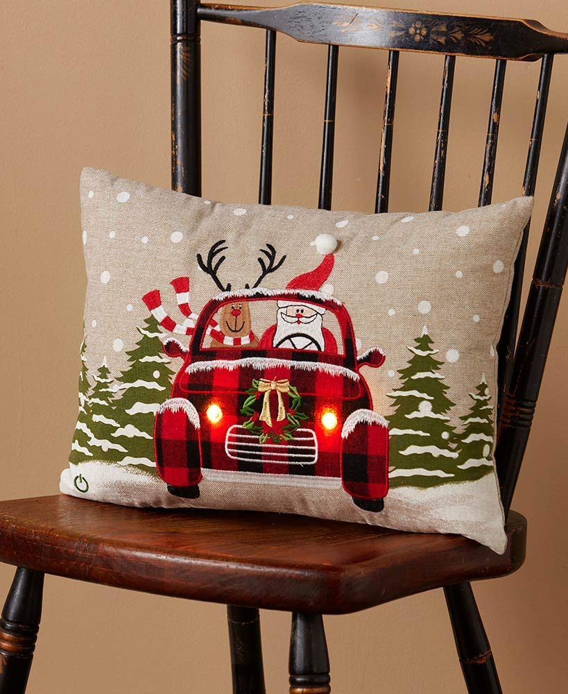 The Lakeside Collection LED Lighted Holiday Home Accent Pillow with Embroidered Plaid Car