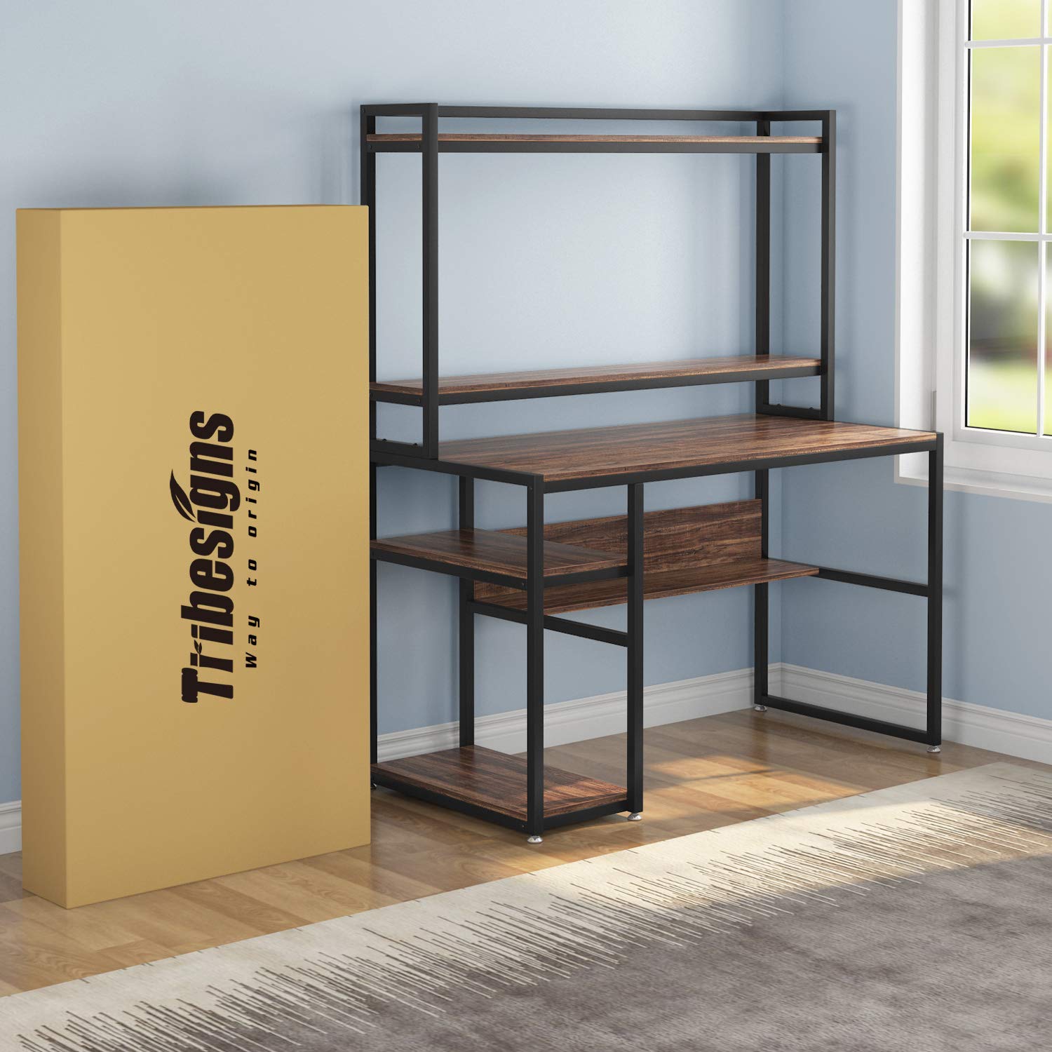 Tribesigns Computer Desk with Hutch and Shelves, 47 Inches Home Office Desk with Bookshelves and CPU Stand, Writing Desk PC Study Table Workstation for Small Spaces (Rustic Brown)