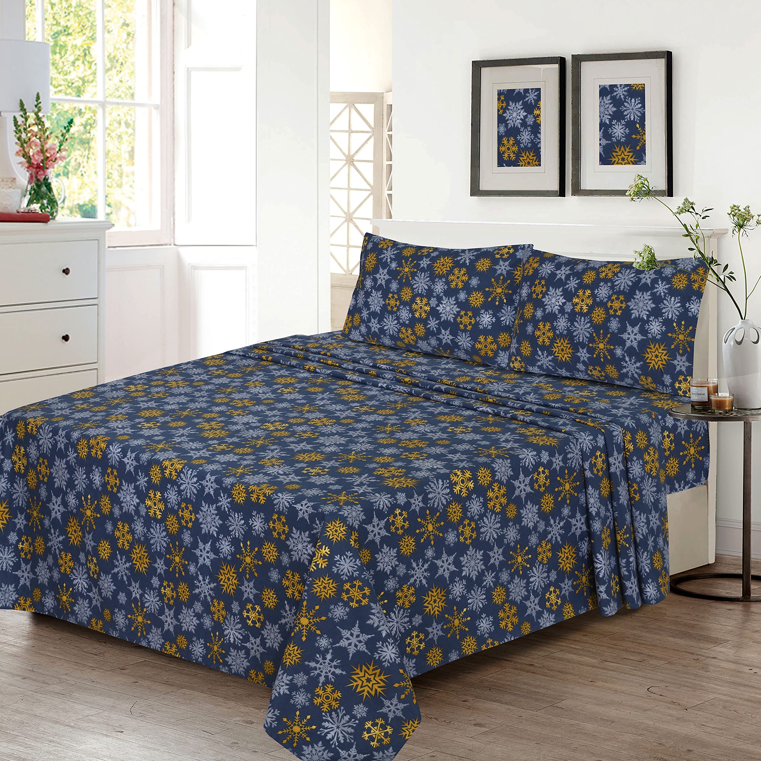 RUVANTI Flannel Sheets Full Size - 100% Cotton Brushed Flannel Bed Sheet Sets - Deep Pockets 16 Inches (fits up to 18") - All Seasons Breathable & Super Soft - Warm & Cozy - 4 Pcs - Snow Flake Gold