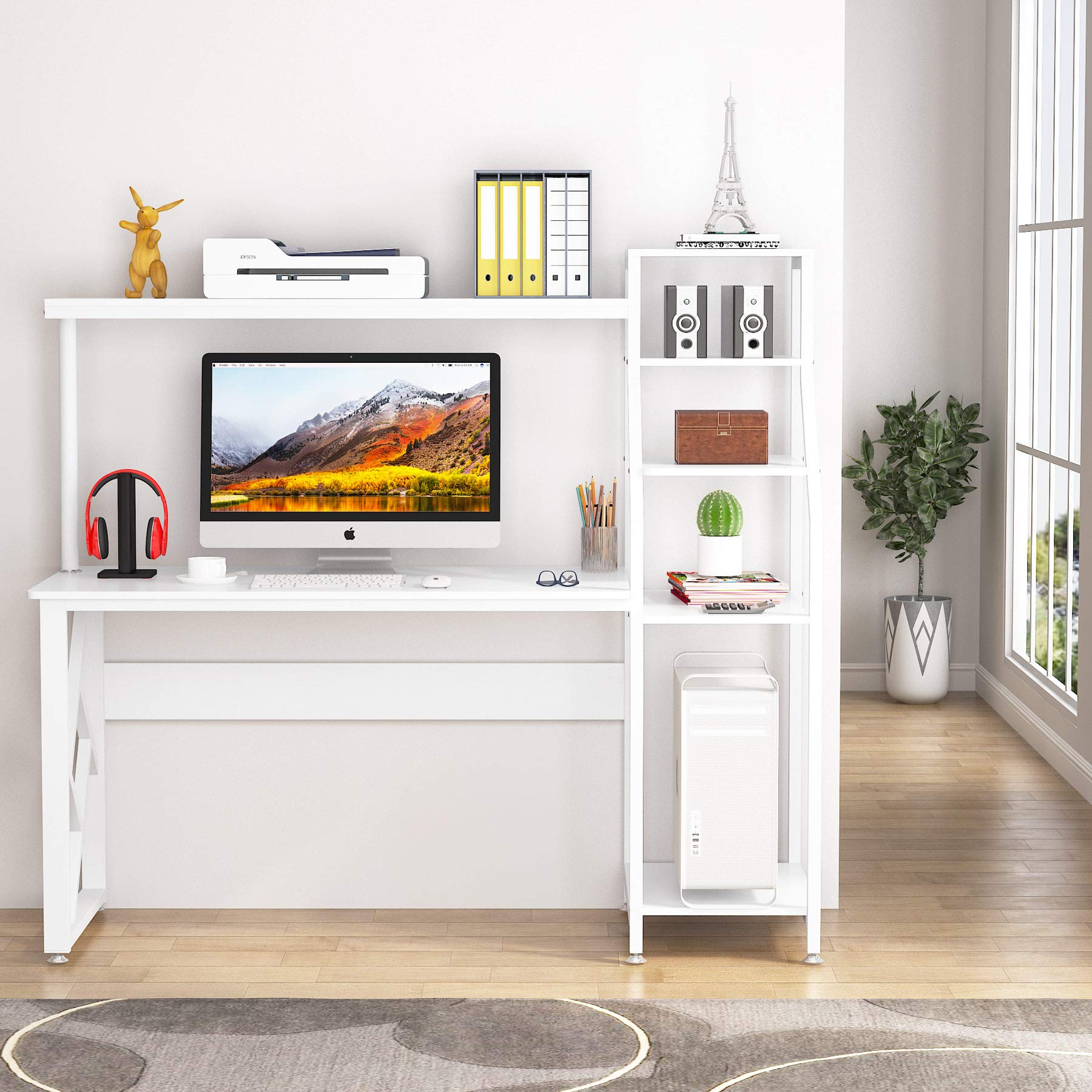 Tribesigns Home Office Computer Desk with Hutch Storage Shelves, 60 inch Large Computer Table Studying Writing Desk with 4-Tier Bookshelf and Tower Storage, Workstation for Space Saving (White)