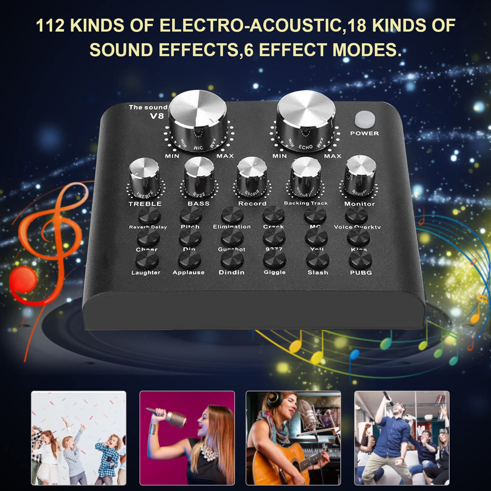 V8 Bluetooth Voice Sound Card,Multifunctional Live Audio Mixer Sound Card,USB Interface Sound Card with Multiple Funny Sound Effect for Recording Live Hosting