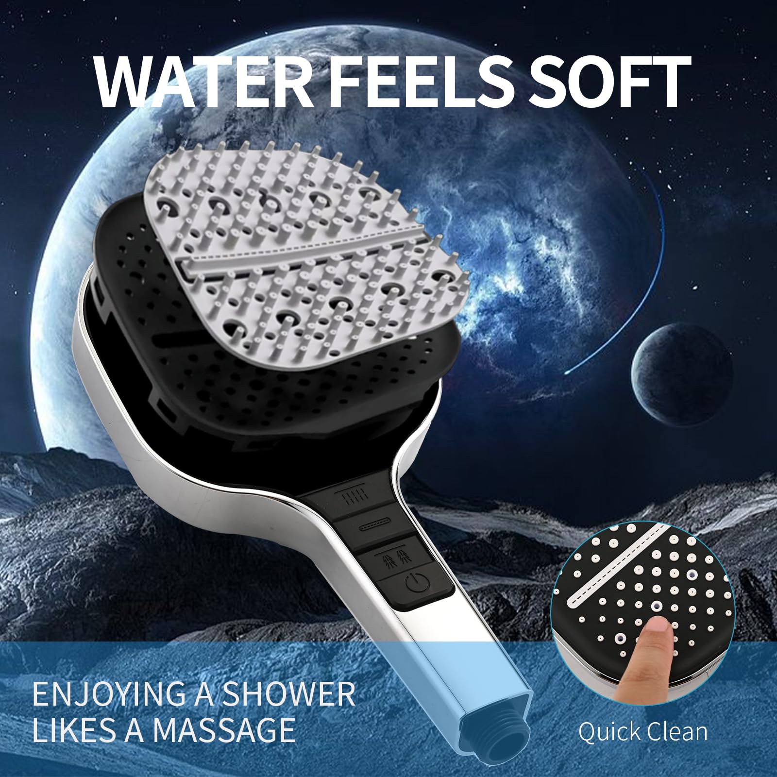 YASINU Handheld Shower Head with Extra Long Hose, 8 Setting Square Detachable Hand Held Spray with Upgrade Button & On Off Switch, 79" Hose - Chrome