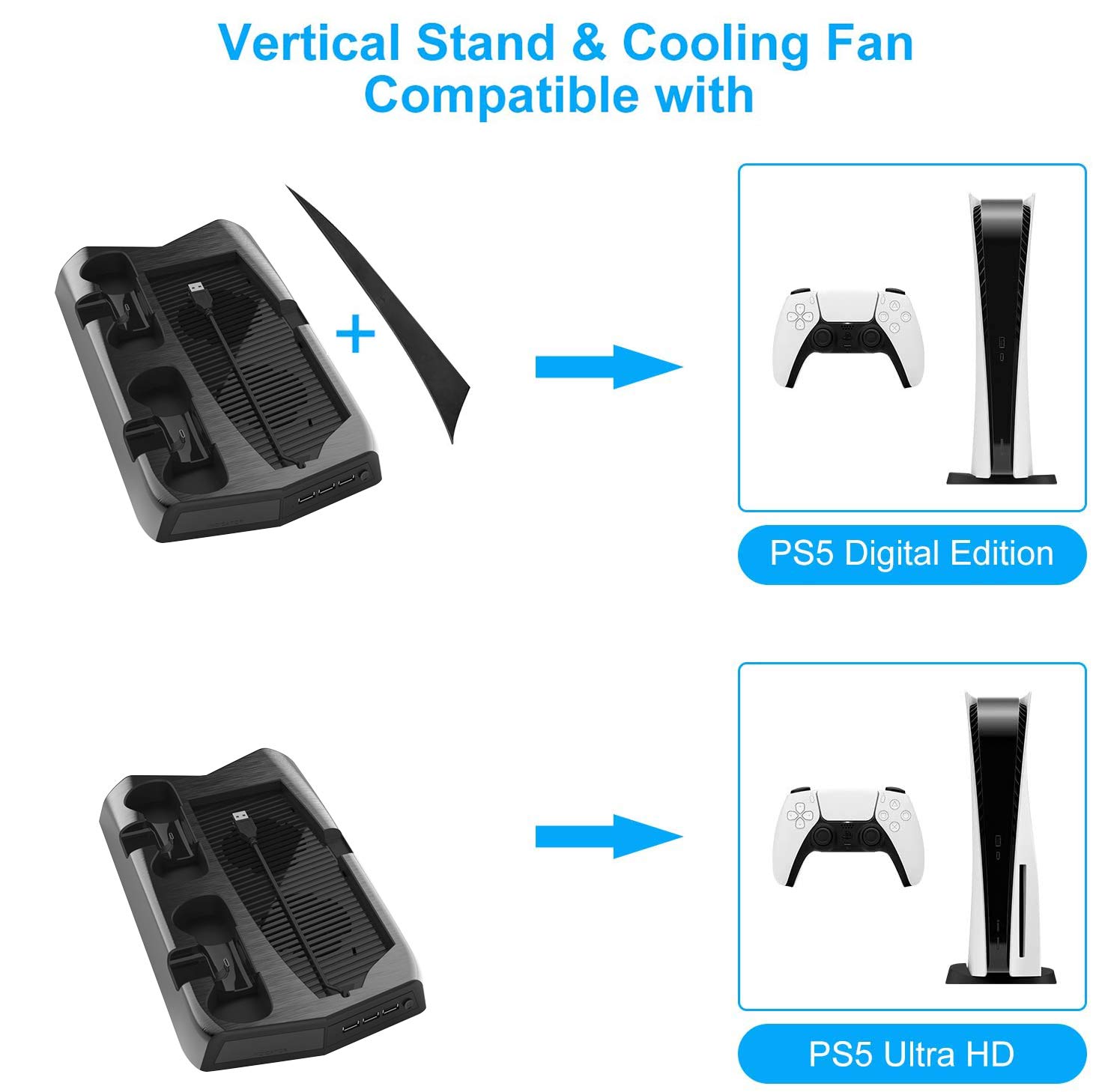 Vinonda Vertical Stand Cooling Fan Station with 14 Retractable Game Slots & Dual Controller Charging Dock & Organizer USB Ports & LED Indicators PS5 Stand for Playstation 5 Digital Edition/Ultra HD