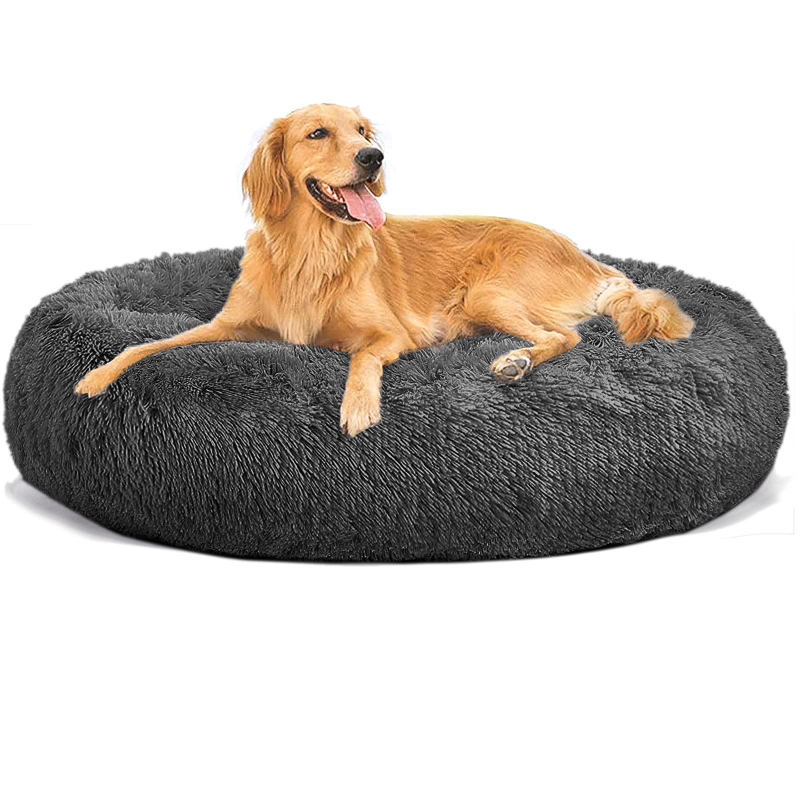 Souarts 43 Inch Super Large Dog Bed, Super Soft Fluffy Plush Pet Bed for Large Medium Dog Cat, Removable Machine Washable Long Plush Round Bed (Dark Grey,43inch/110cm)