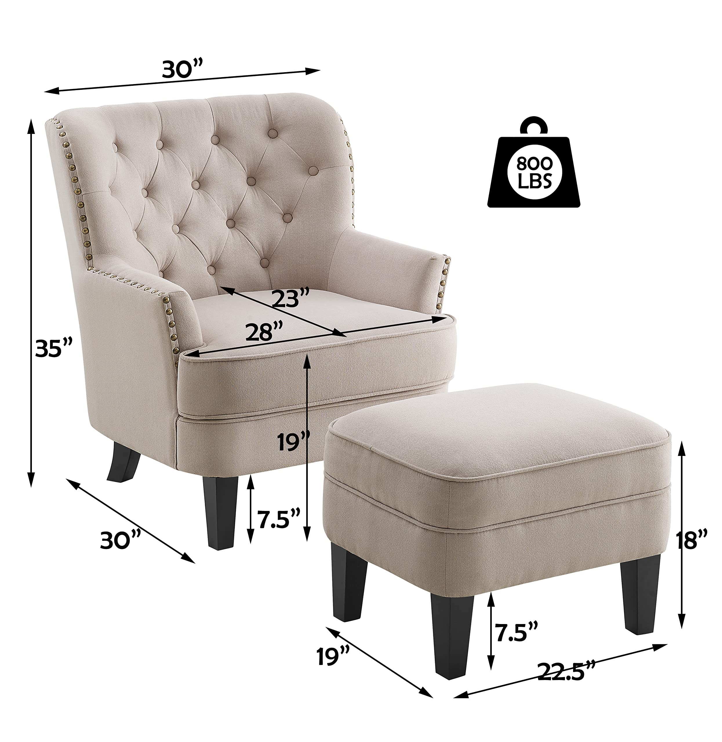 Rosevera McCarthy Furniture Ottoman Arm Living Room Comfy Small Accent Chairs for Bedroom, Standard Size, Pearl Beige
