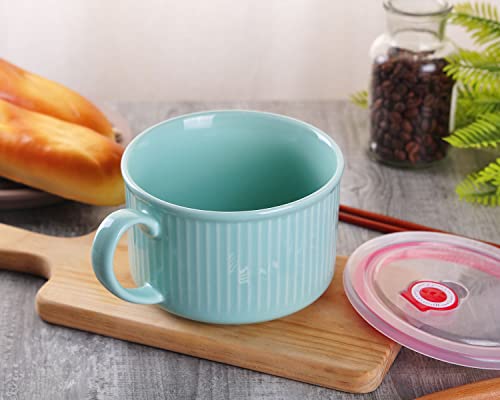 WHJY 30oz Ceramic Bowl with Lid and Handle for Soup and Instant Noodles Soup Mug, Modern Simple Style, with Heat Preservation Handle - Blue