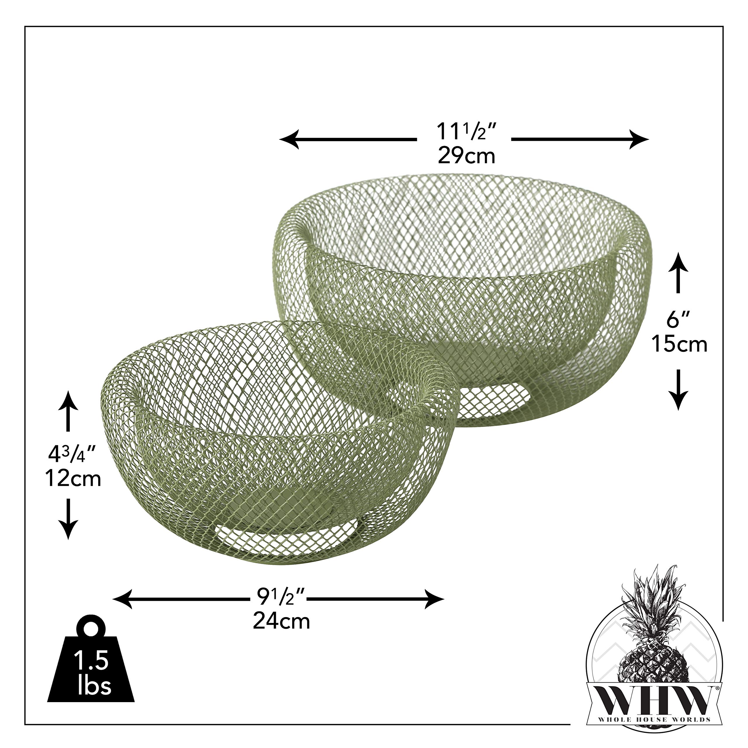 WHW Whole House Worlds Iconic Modern Wire Mesh Fruit Bowls, Olive Green, Set of 2, Art Museum Style, Iron, Large, 11.5 Inches Diameter x 6 Tall, and 9.5 Diameter x 4.75 Inches