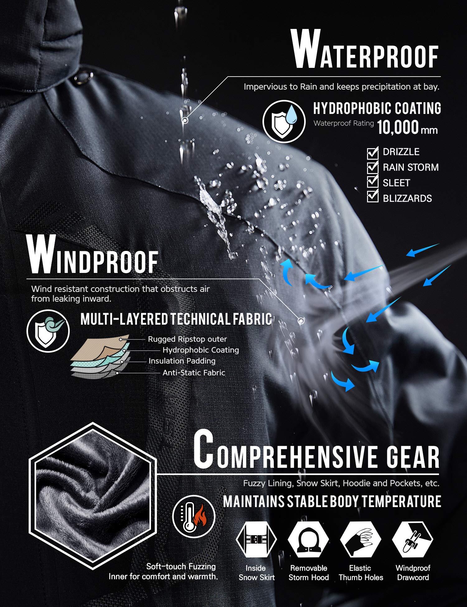 TSLA Men's Winter Ski Jacket, Waterproof Warm Insulated Snow Coats, Cold Weather Windproof Snowboard Jacket with Hood, Multipocket Ski Jacket Black, X-Large