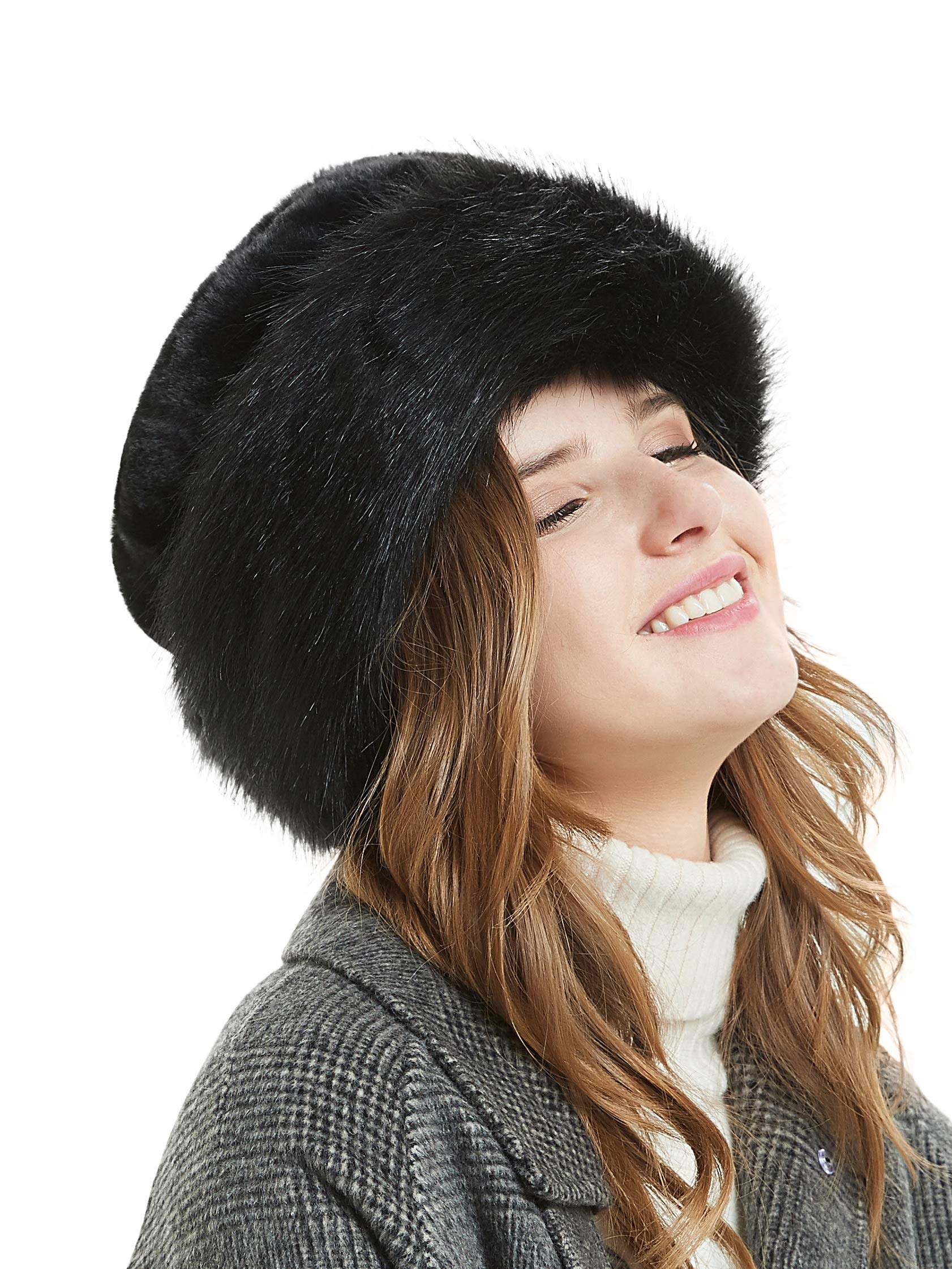 Soul Young Women's Leopard Faux Fur Hat with Fleece and Elastic for Winter(One Size,Black)