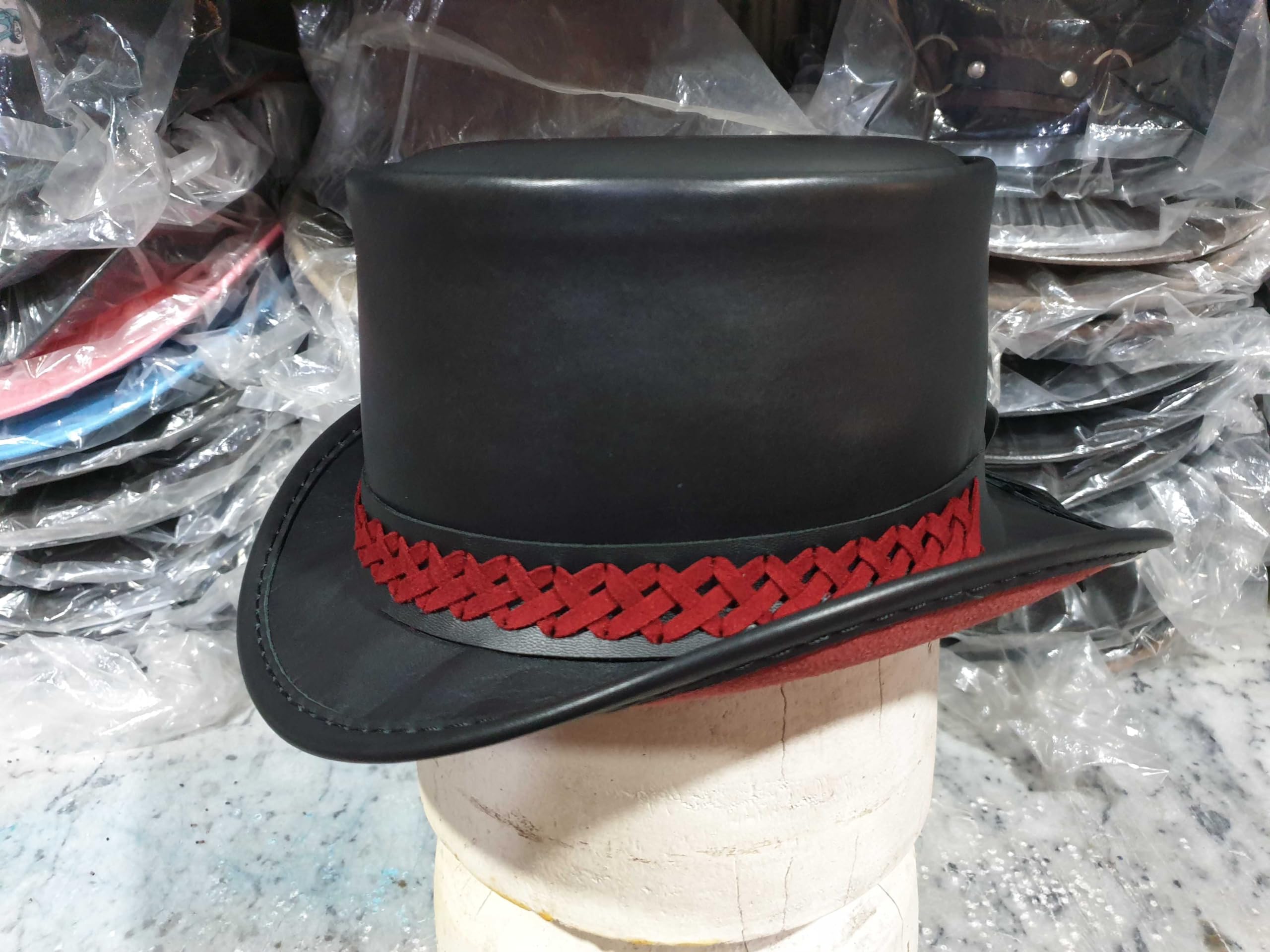 Steampunk Braided Band Black Leather Top Hat (Leather, Large)