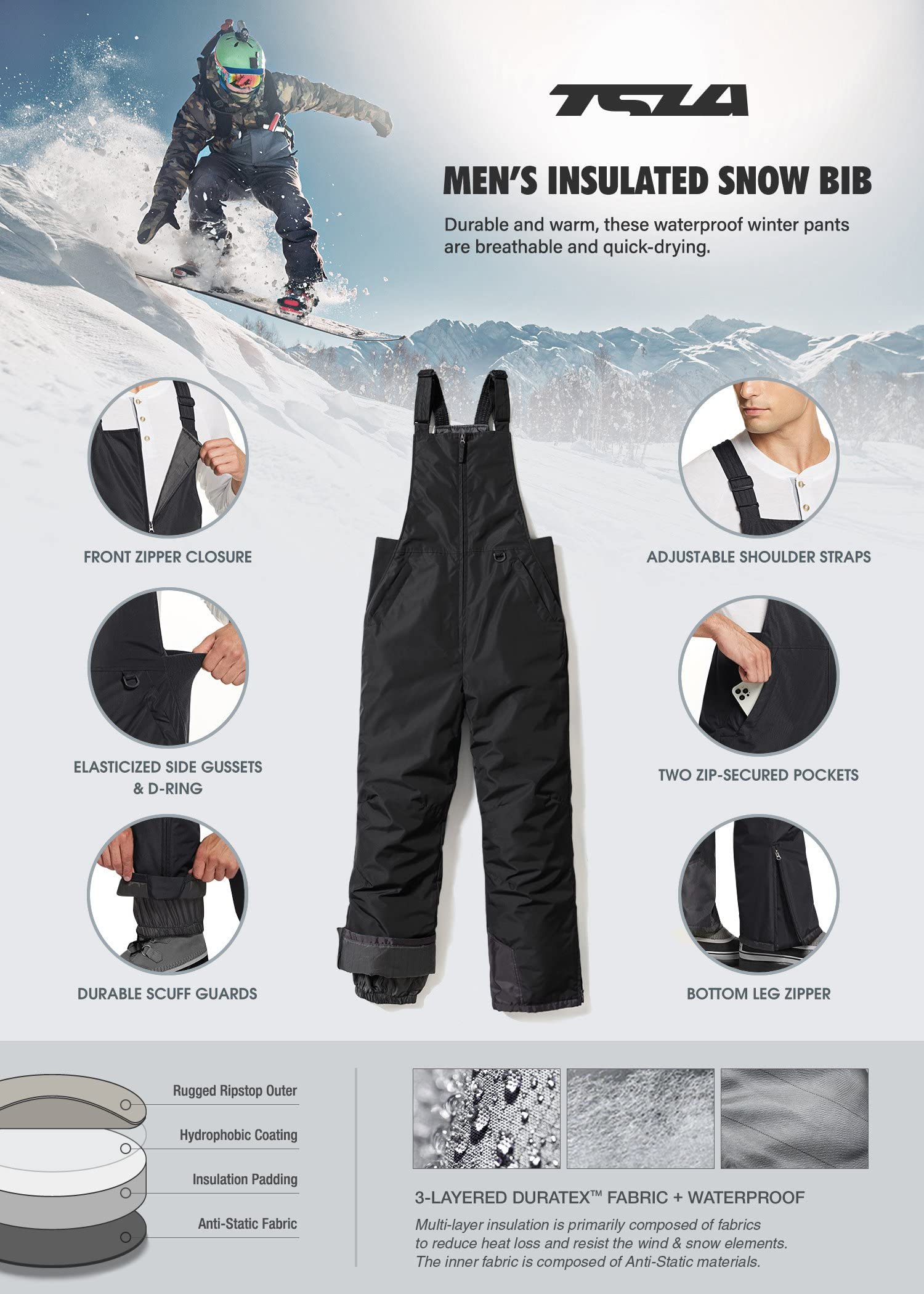 TSLA Men's Winter Snow Bibs, Waterproof Insulated Snowboard Overalls, Ripstop Windproof Ski Pants, Winter Ski Snow Overall Black, 3X-Large