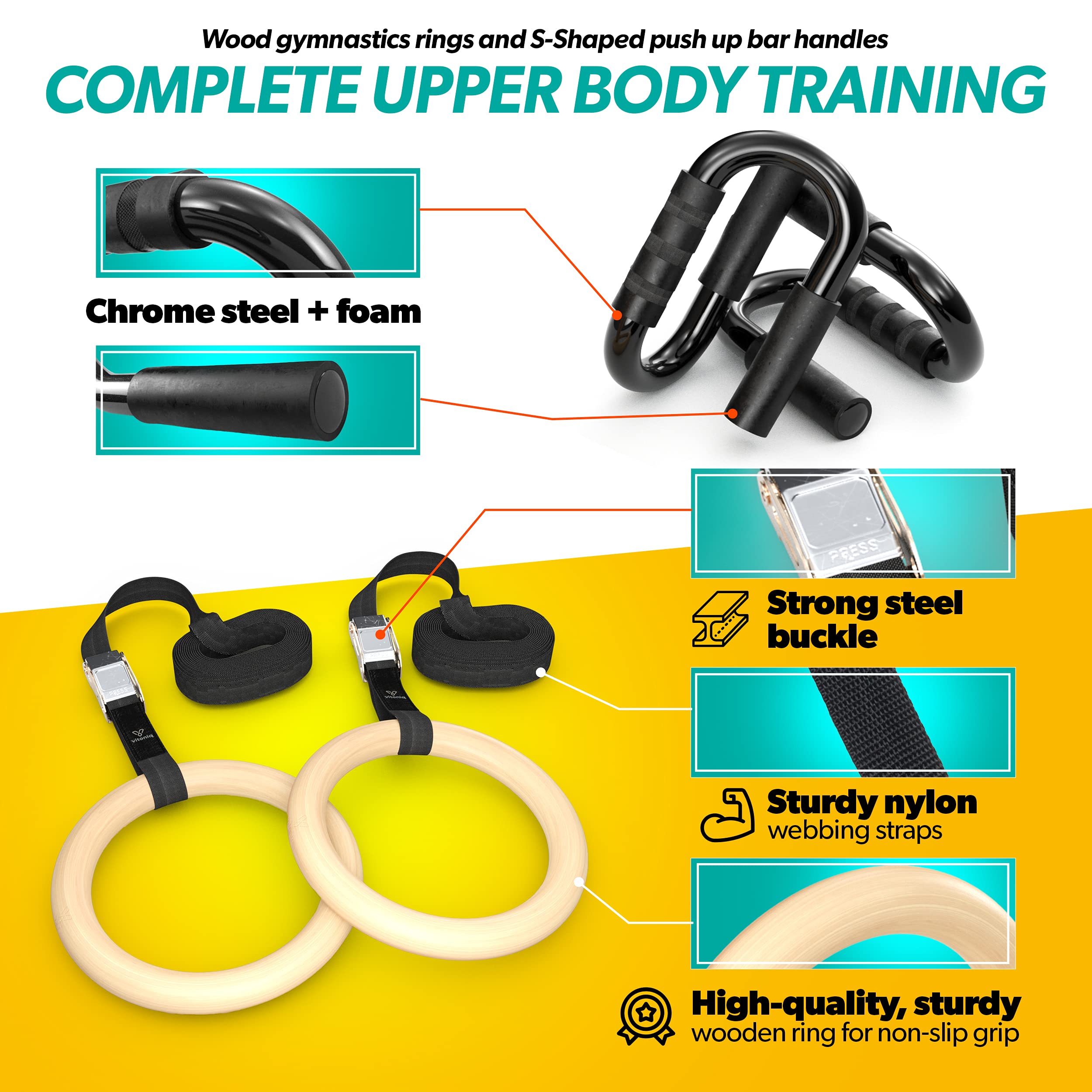 Vitoniq Premium Wood Gymnastics Rings and S-Shaped Push Up Bars Set β Strength Training & Calisthenics Equipment β Non-Slip Birch Wooden Rings, Adjustable Straps, Ergonomic Pushup Handles