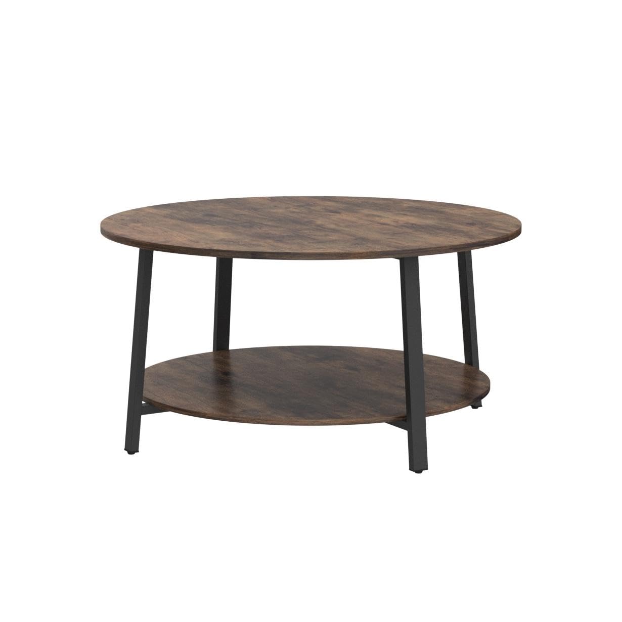 Snughome 35.4’’ Round Coffee Table, 2-Tier Industrial Design Furniture Sofa Table with Storage Open Shelf and Sturdy Metal Legs for Living Room, Wooden Surface Tabletop & Rounded Edges, Rustic Brown
