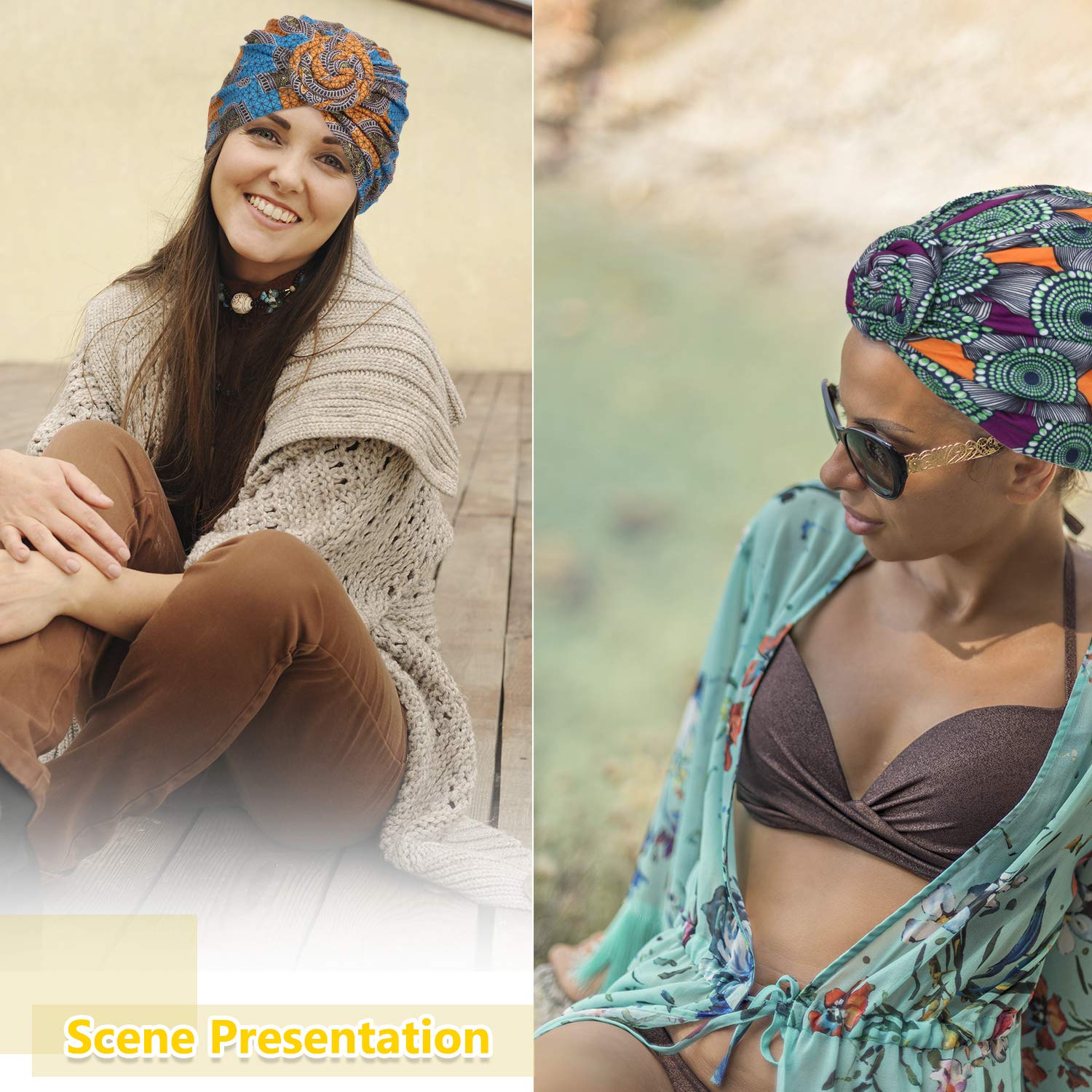 SATINIOR 6 Pieces Women African Turban Flower Knot Pre-Tied Bonnet Beanie Cap Headwrap (Blue Yellow Flower)
