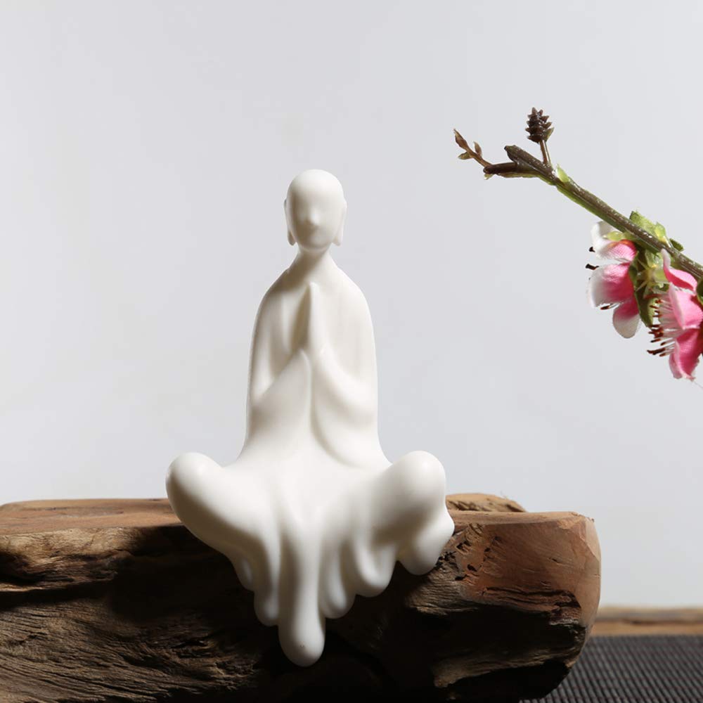 White Ceramic Little Buddha Monk Furniture Handmade Home Deco Buddhism Creative Gift (Wooden Pedestal)
