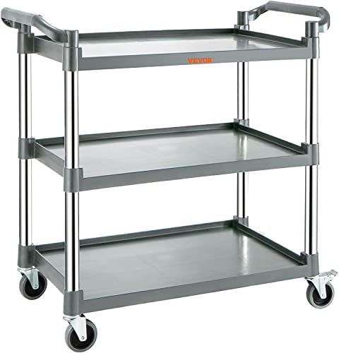VEVOR Utility Service Cart, 3 Shelf Heavy Duty 220LBS Food Service Cart, Rolling Utility Cart with Lockable Wheels, 40" x 19.3" x 38.6" Plastic Utility Cart for Kitchen Office Restaurant Home, Grey