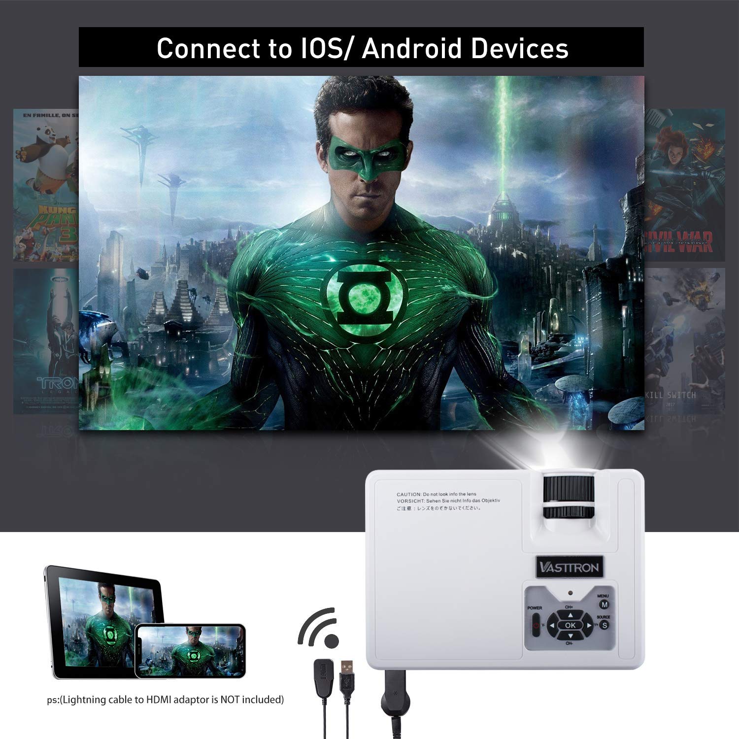 Vasttron Mini Projector,Portable Movie Projector,Small Multimedia Home Theater Video Projector,Compatible with Full HD 1080P HDMI,VGA,USB,AV,TV Box,DVD,Laptop,Smartphone,PS4