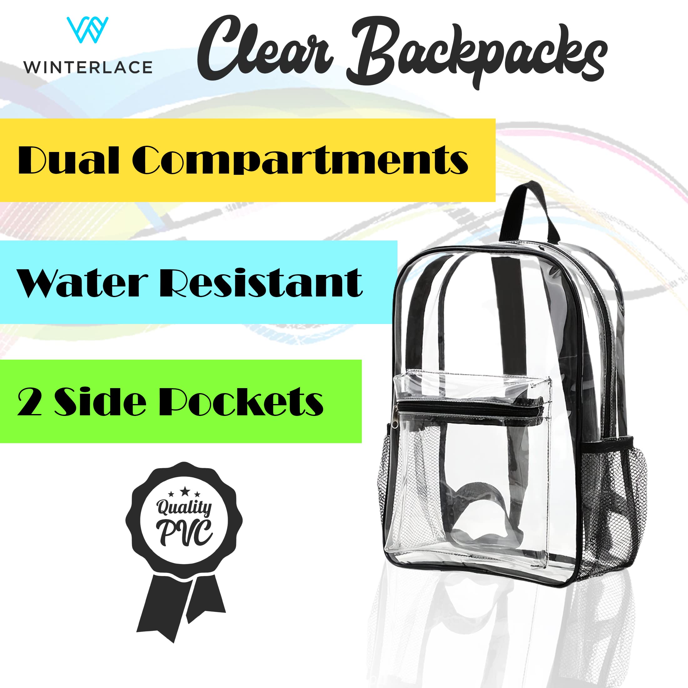 Winterlace 16" Clear Backpack, Transparent Heavy Duty Water Resistant PVC for Sports, Stadiums, Festivals, Concerts (Style #3)
