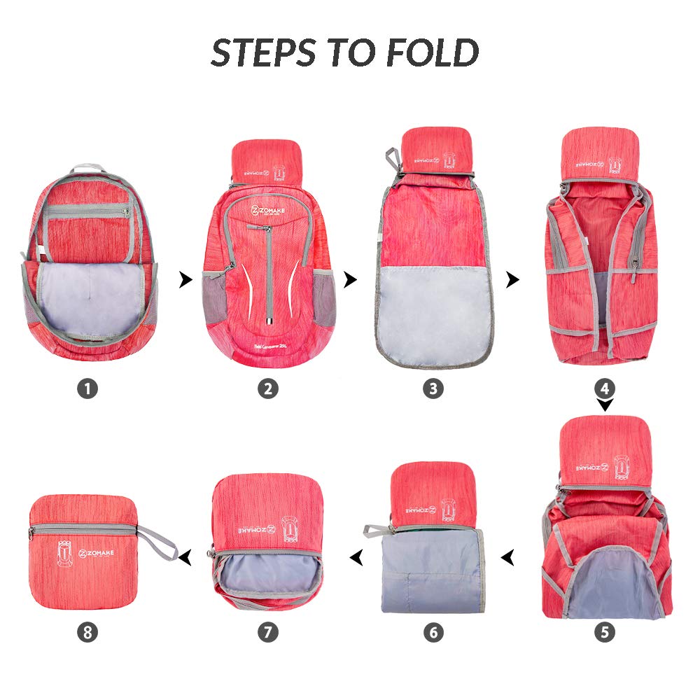 ZOMAKE 25L Ultra Lightweight Packable Backpack - Foldable Hiking Backpacks Water Resistant Small Folding Daypack for Travel(Red)