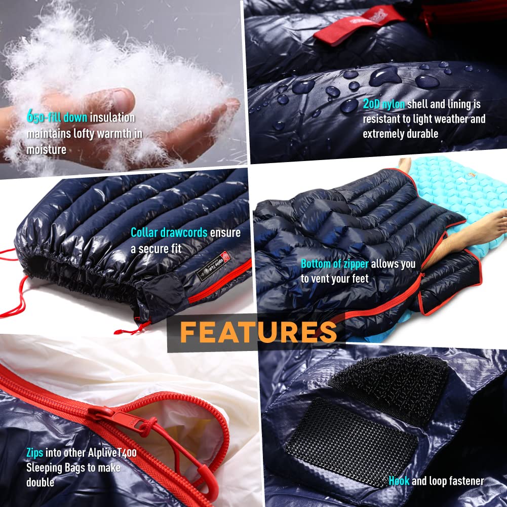 ZOOOBELIVES Ultralight Backpacking 32-50F Down Sleeping Bag - 27oz Ultra Compact 650 Fill Power Envelope Sleeping Bag for Hiking, Camping and Backcountry, Lightweight and Compressible – Alplive T400