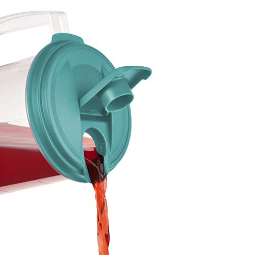 Sterilite 2 Qt Round Pitcher, Spout and Handle for Easy Pouring of Water or Juice, Plastic, Dishwasher Safe, Clear w/Teal Lid, 6-Pack